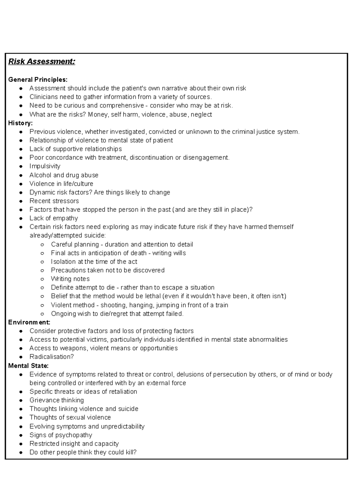 Risk Assessment - Lecture notes Year 4 Psychiatry - Risk Assessment ...