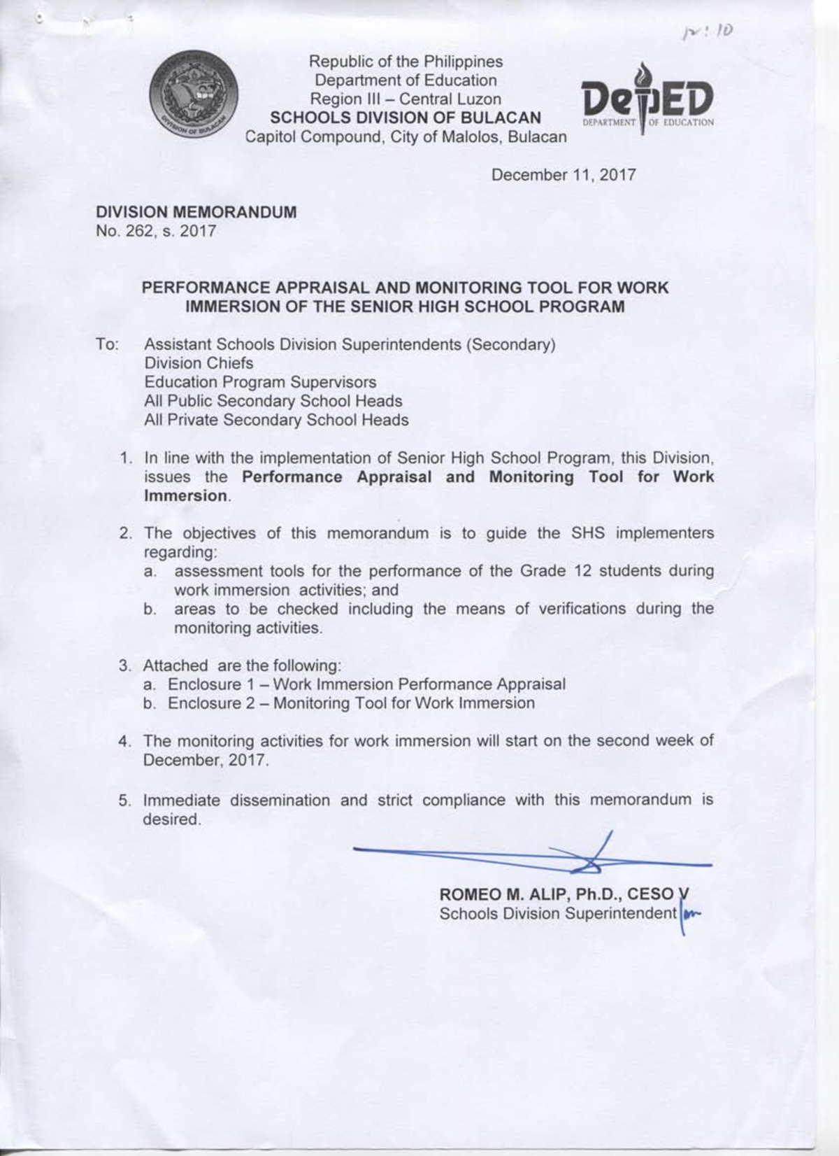 DepEd Division Memorandum 262 series of 2017 - Bachelor of Secondary ...