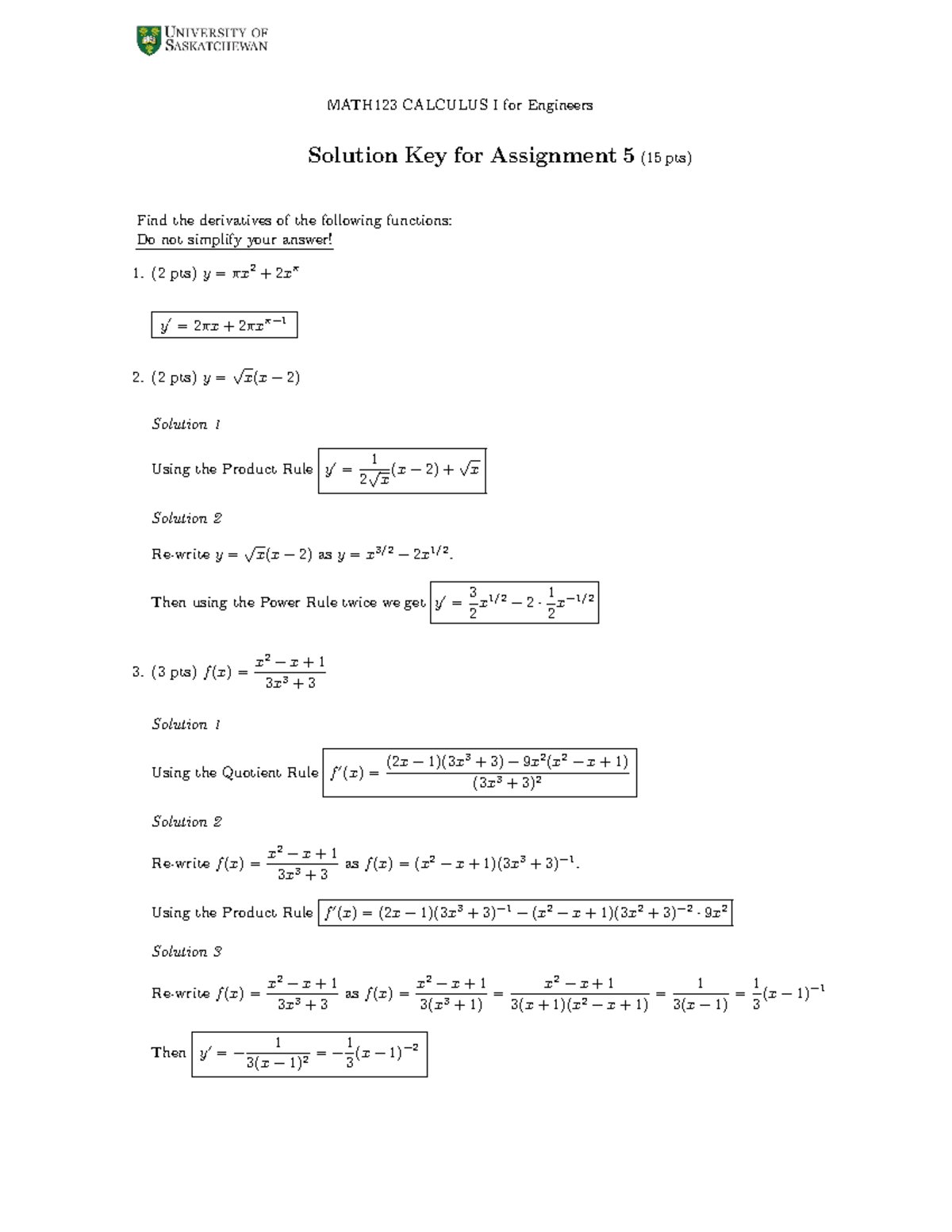 Assign 5-2018-solution - MATH123 CALCULUS I for Engineers Solution Key for Assignment 5 (15 pts ...