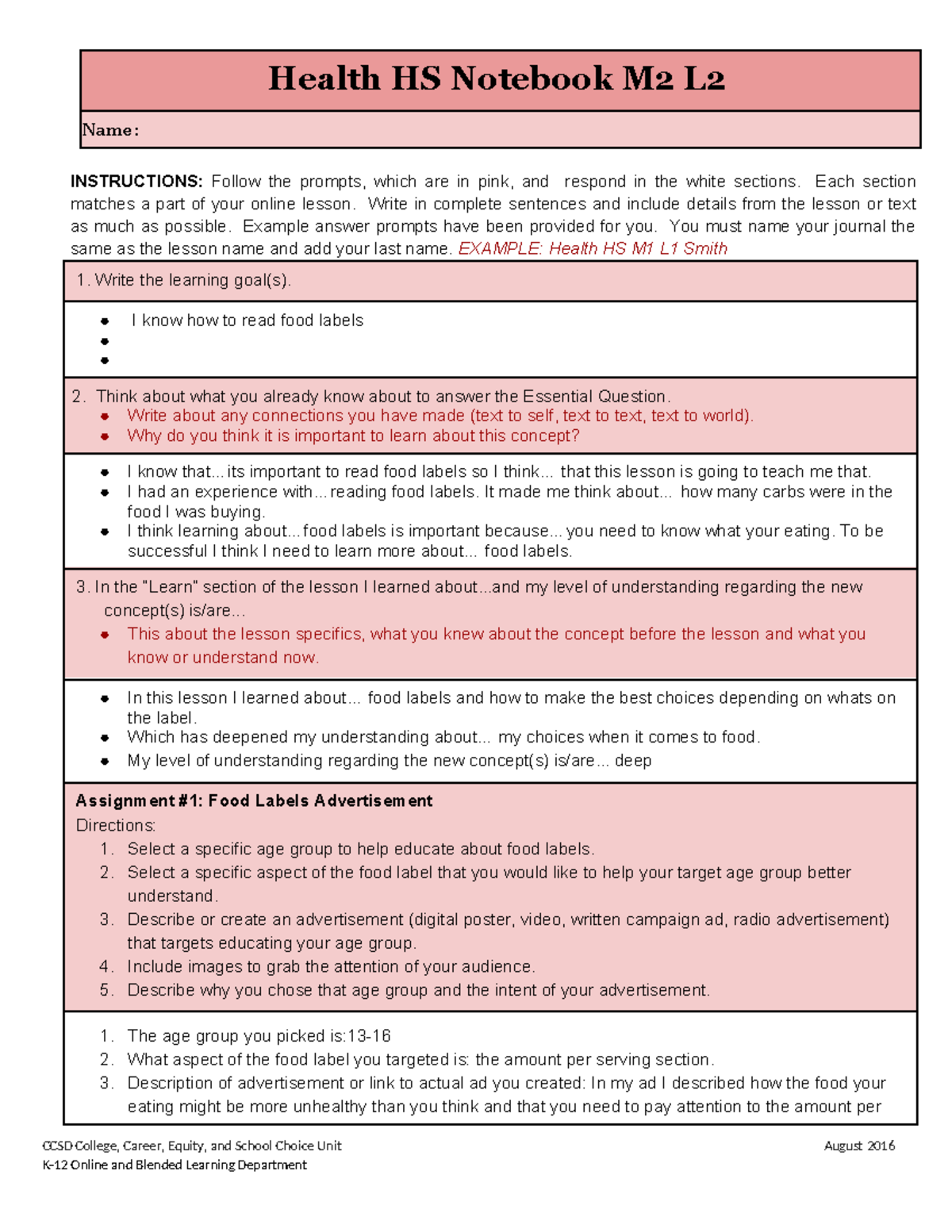 Health HS M2 L2 Notebooke - Health HS Notebook M2 L Name: INSTRUCTIONS: Follow the prompts ...