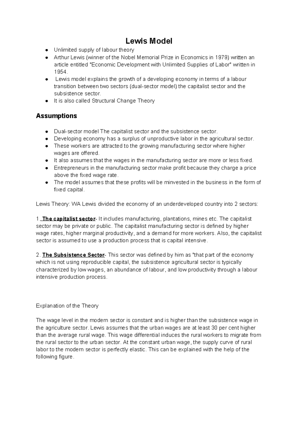 Lewis Model - Summary BA Economics - Lewis Model Unlimited supply of ...