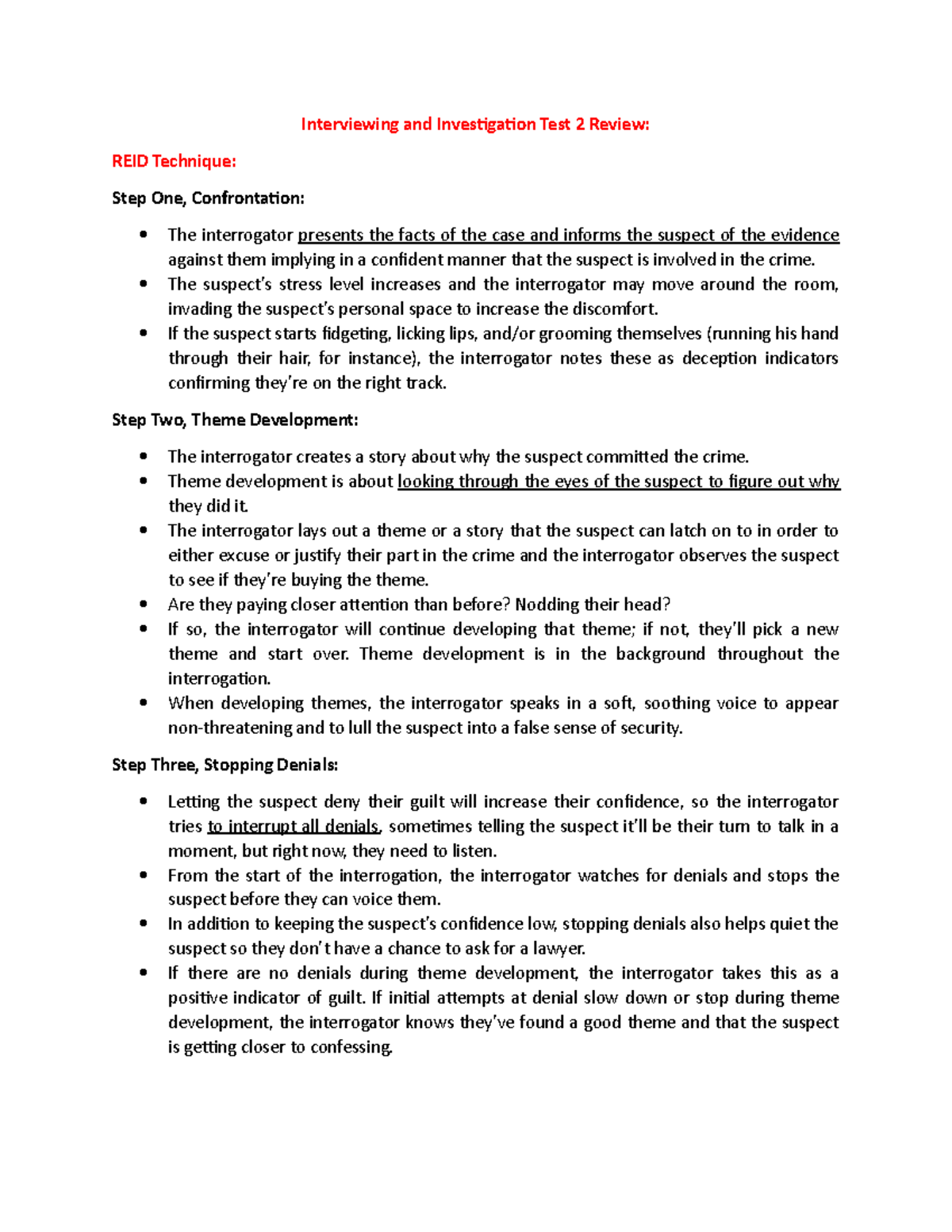 Interviewing and Investigation Test 2 Review - The suspect’s stress ...