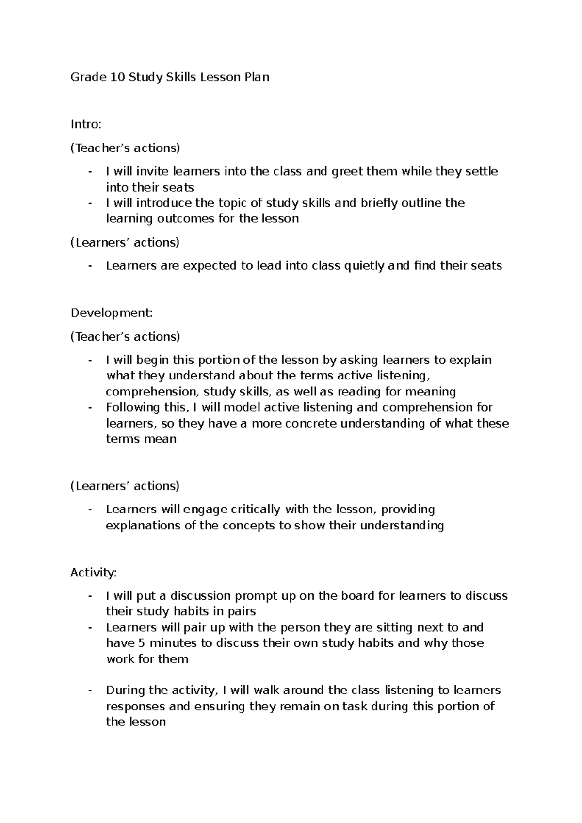Grade 10 LO Lesson Plans - Grade 10 Study Skills Lesson Plan Intro ...