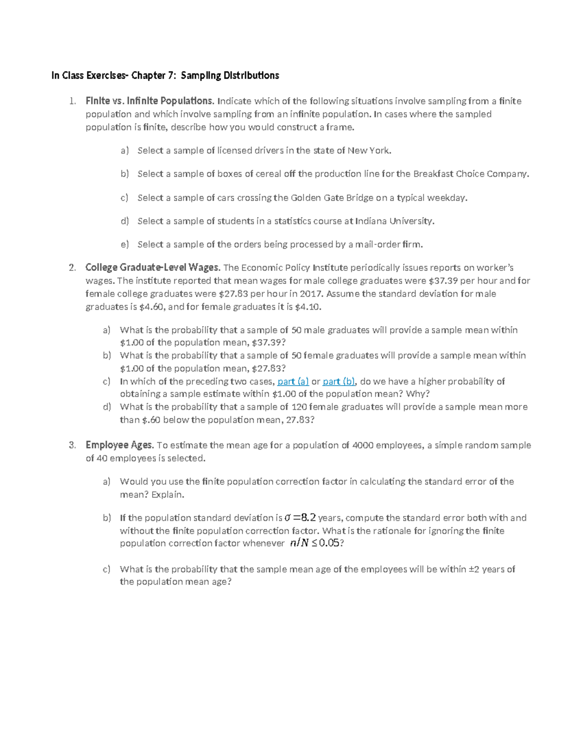 Chapter 7 In Class Exercises - In Class Exercises- Chapter 7: Sampling Distributions 1. Finite ...