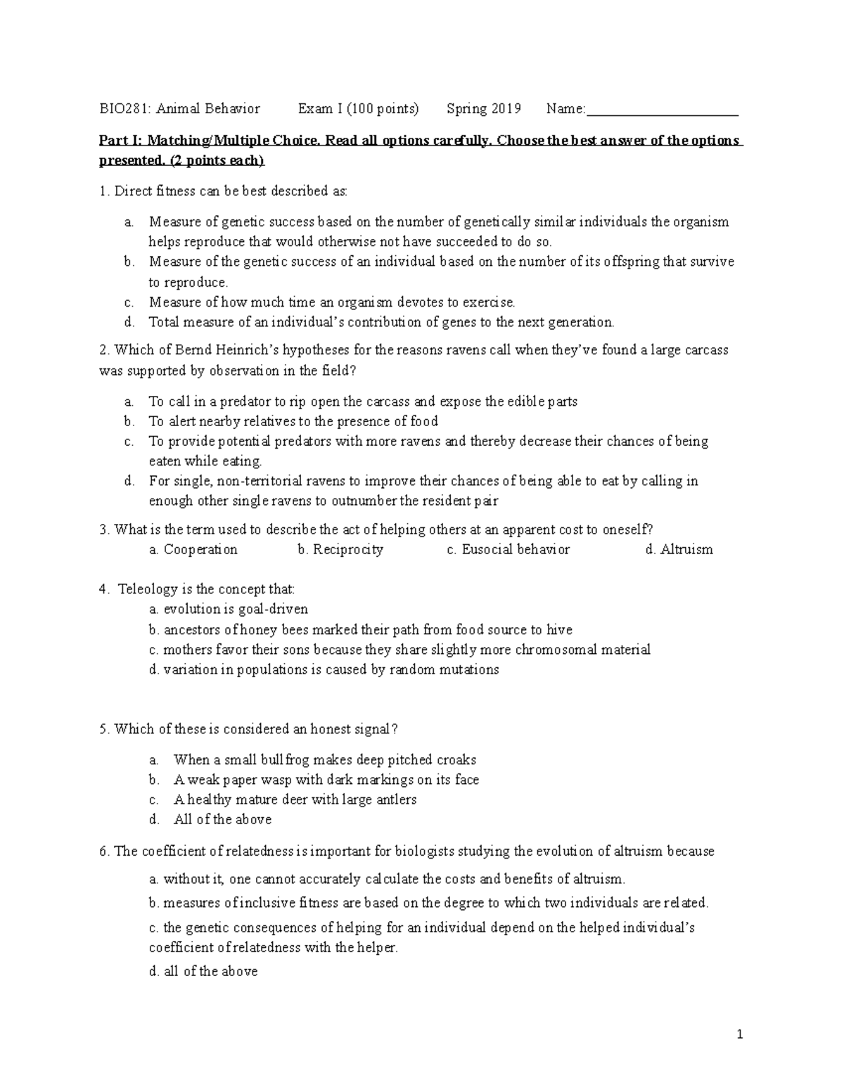 BIO281 Exam I Spring 2019 - BIO281: Animal Behavior Exam I (100 points ...