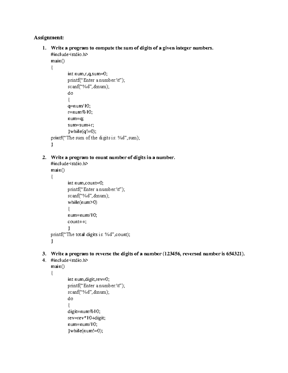 Solution C Assignment Assignment Write A Program To Compute The Sum Of Digits Of A Given
