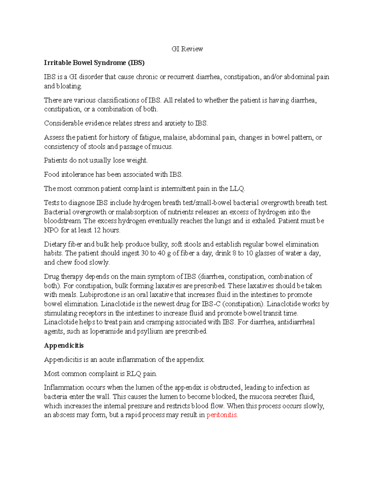 GI Review - study notes - GI Review Irritable Bowel Syndrome (IBS) IBS ...