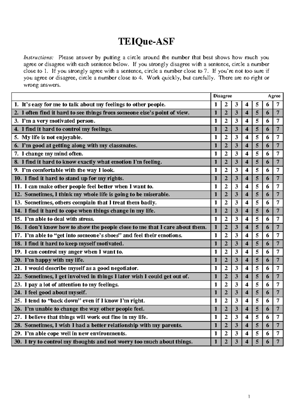 TEIQue-ASF - TEIQue-ASF Instructions: Please answer by putting a circle ...