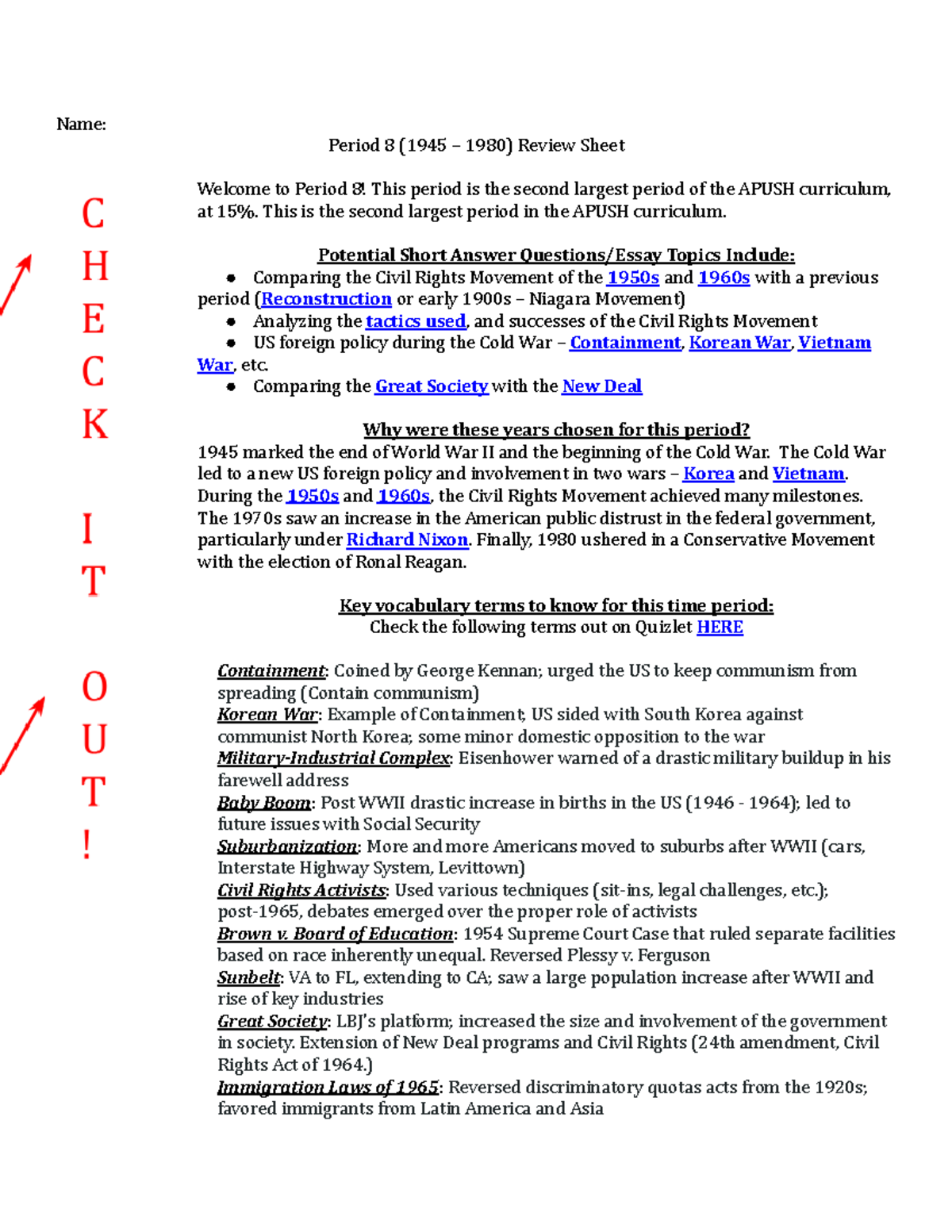 Period 8 (1945 – 1980) Review Sheet - Name: Period 8 (1945 – 1980 ...