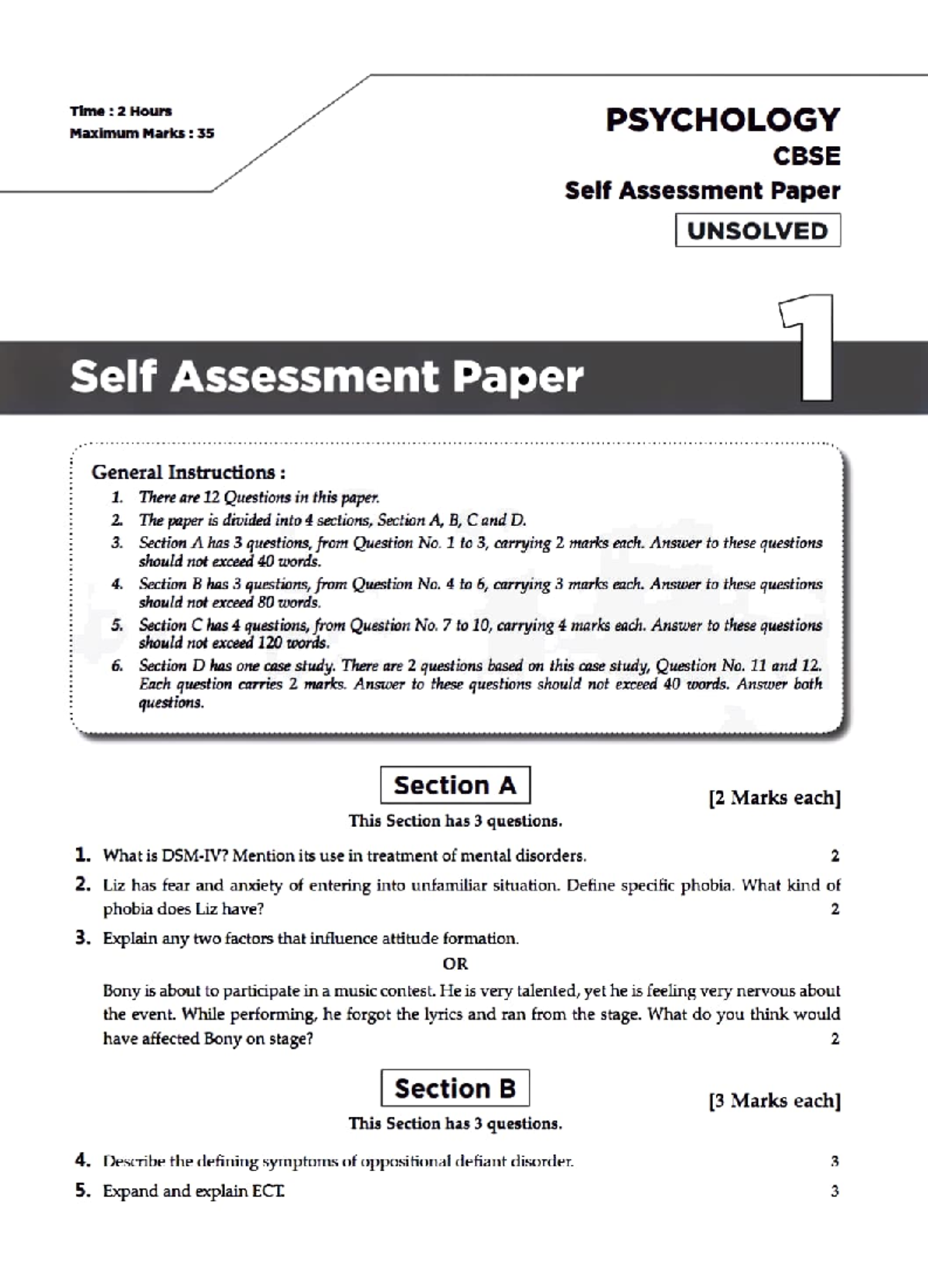 Sample Question Paper 3 - Time : 2 Hours Maximum Marks: 35 PSYCHOLOGY ...