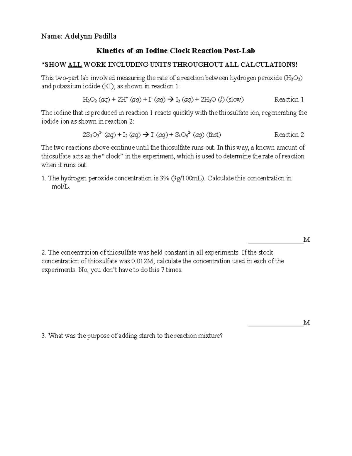 Iodine Clock Worksheet - Name: Adelynn Padilla Kinetics of an Iodine ...