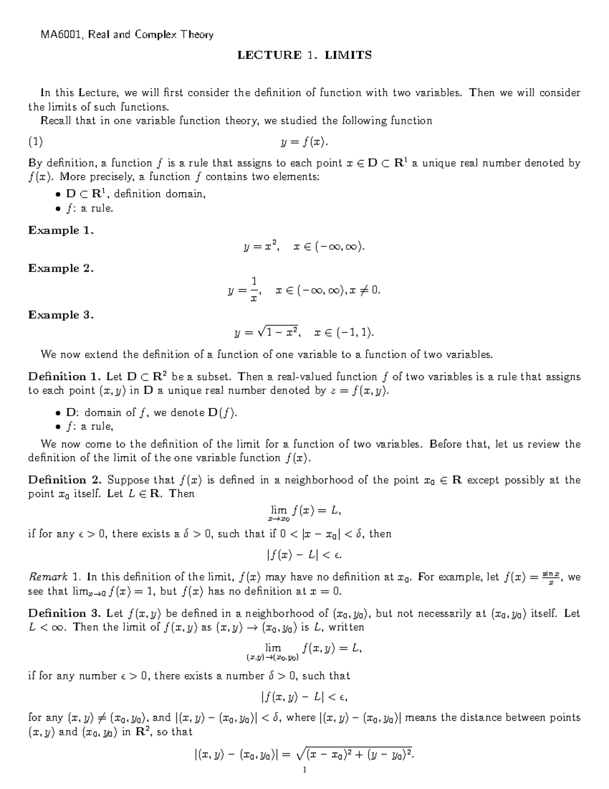 Lecture notes 1 - Real and Complex Function Theory - MA6001, Real and ...