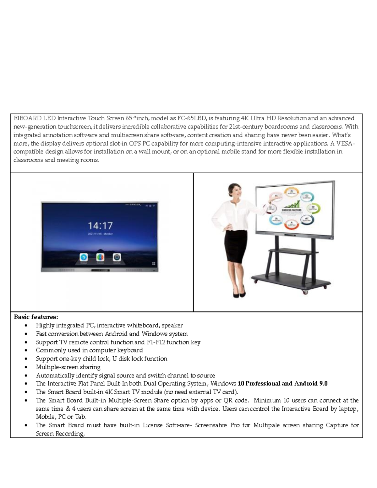 65 Inchi Technical Specifications - EIBOARD LED Interactive Touch ...