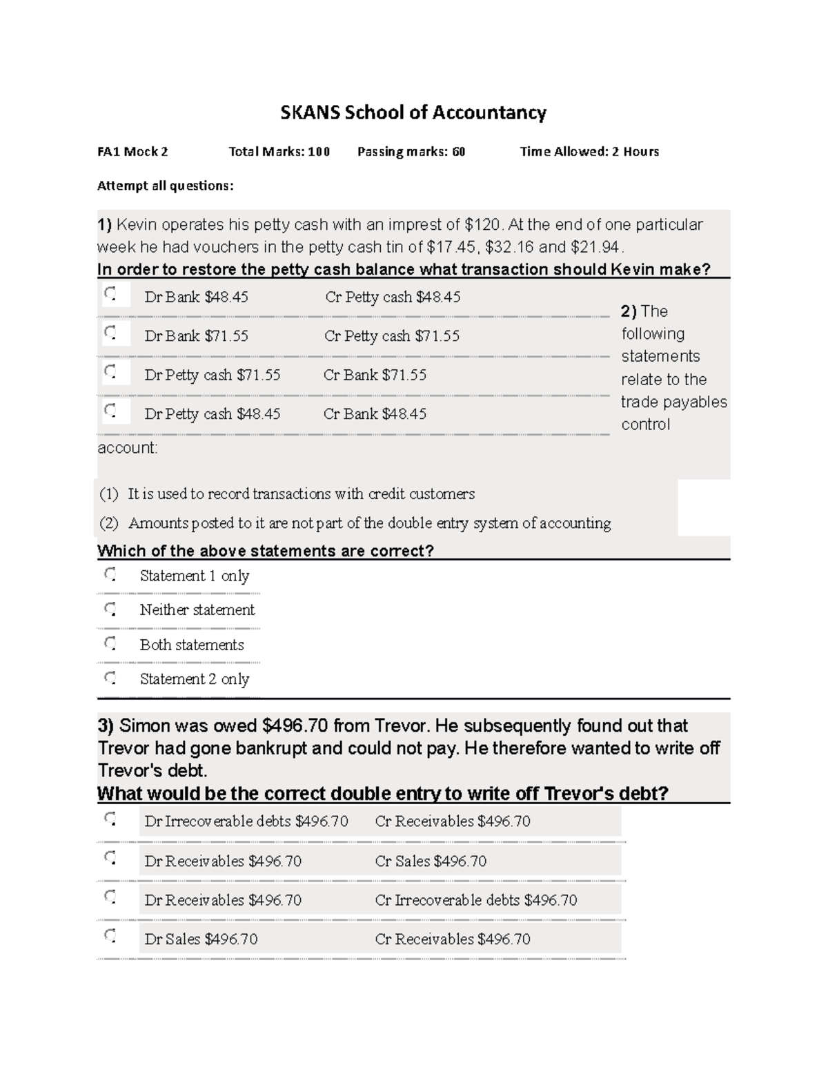 FA1 Mock 2 - NIL - SKANS School of Accountancy FA1 Mock 2 Total Marks ...
