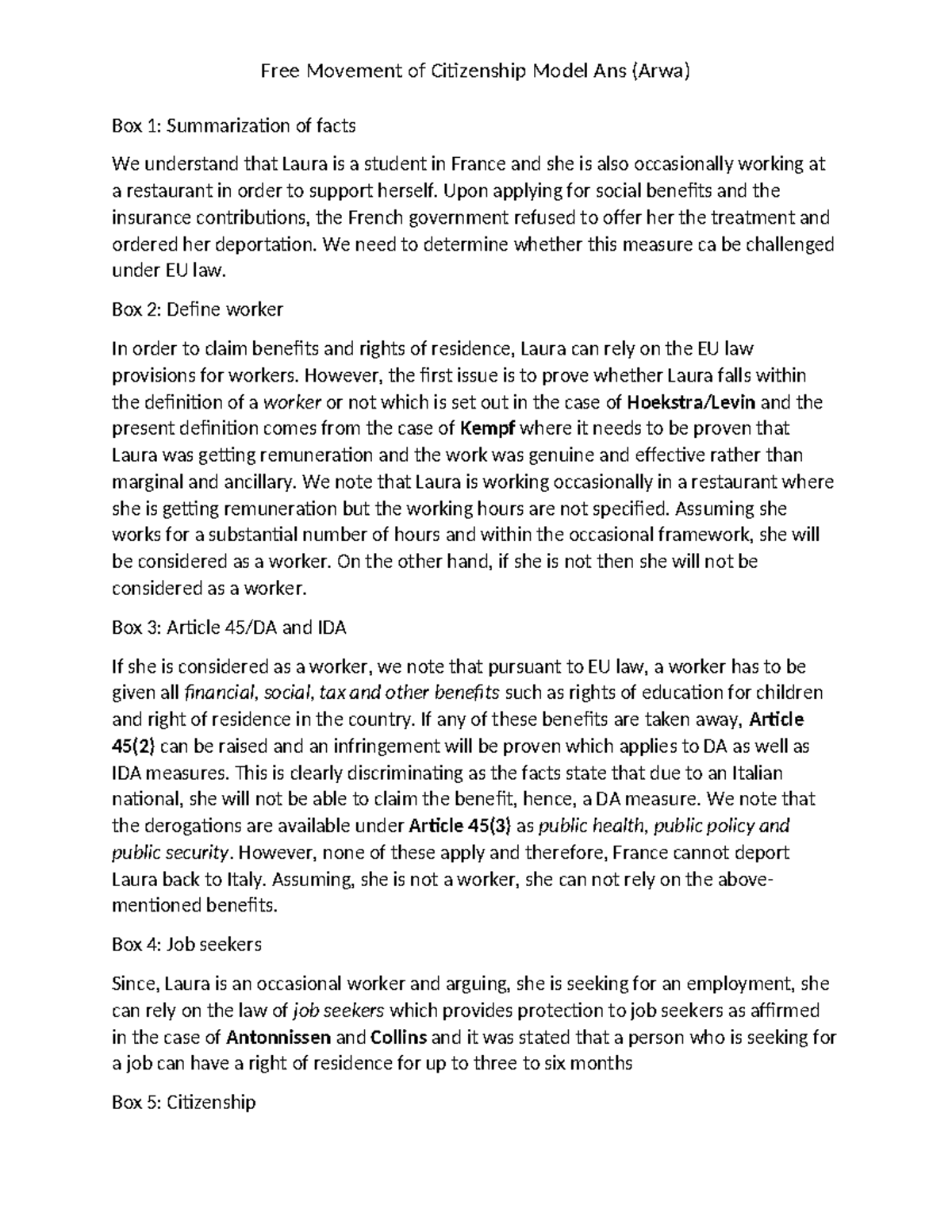 FM of Citizenship Model Ans (Arwa) - Free Movement of Citizenship Model ...