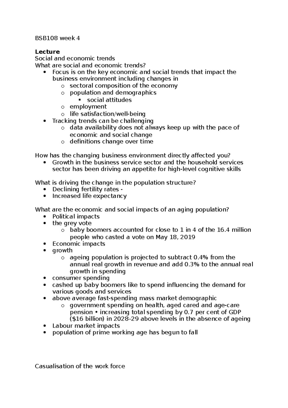 BSB108 week 4 notes - BSB108 week 4 Lecture Social and economic trends ...