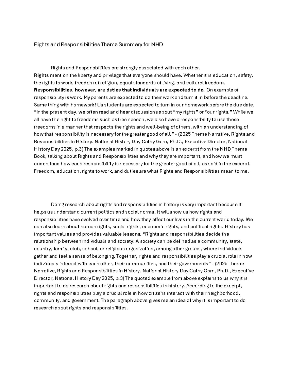 Right and Responsibilities Theme Summary - Rights mention the liberty ...