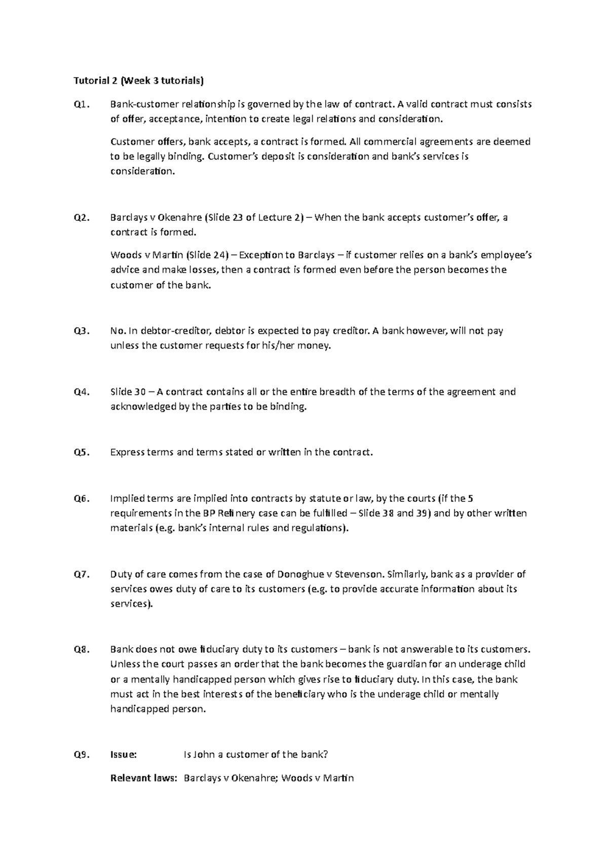 Tutorial 2 Suggested Answers 1 Tutorial 2 Week 3 Tutorials Q1