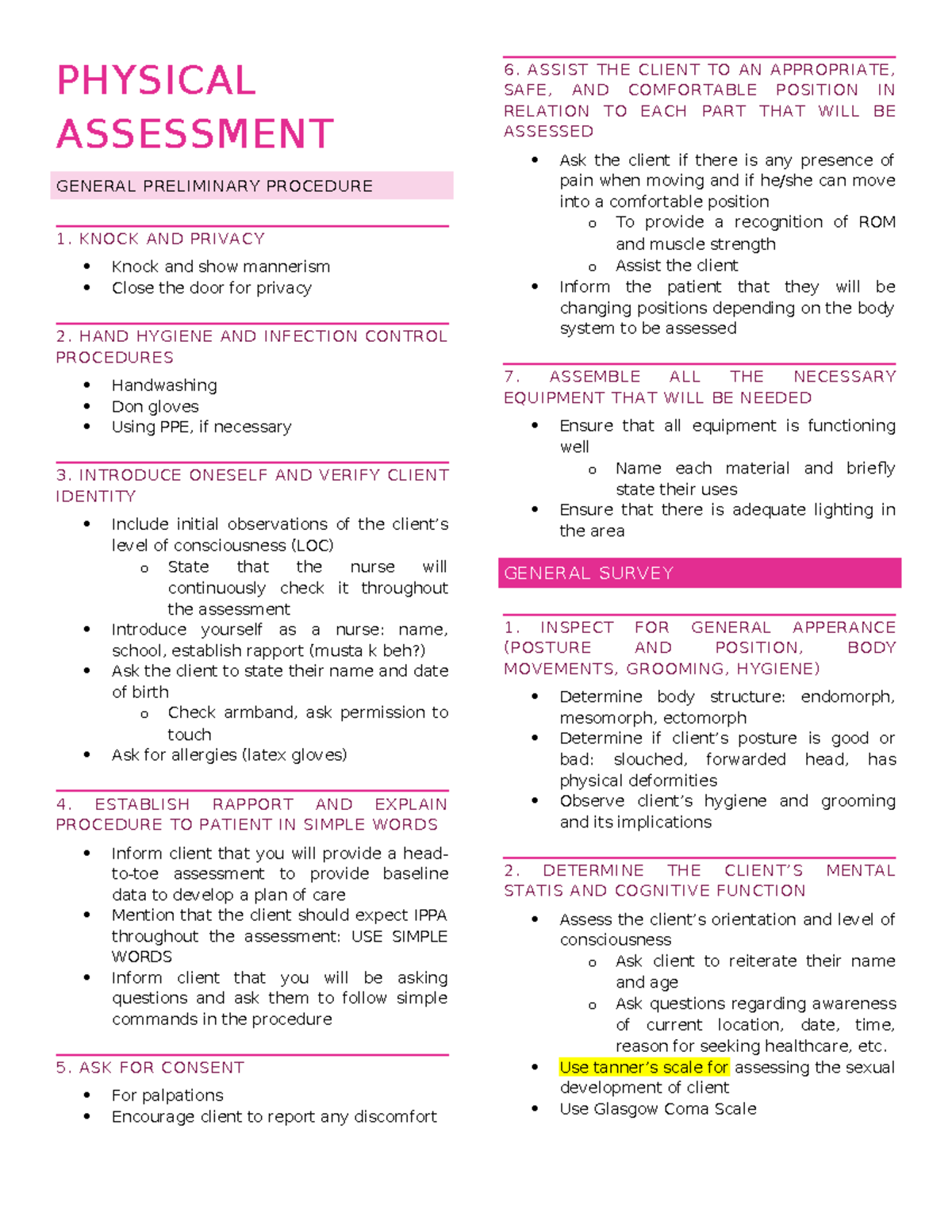 Physical assessment - based on pa checklist - PHYSICAL ASSESSMENT ...