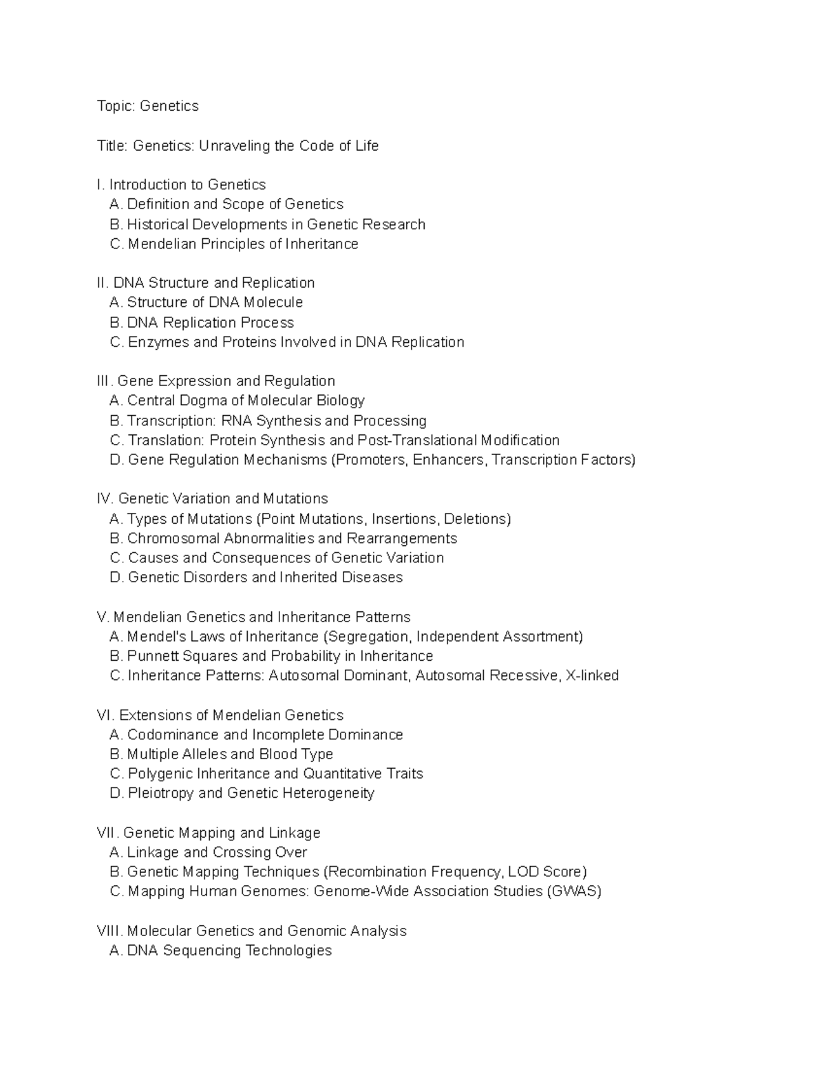 Topic Genetics - Evolution and Behavior (BIO 130) - Topic: Genetics ...