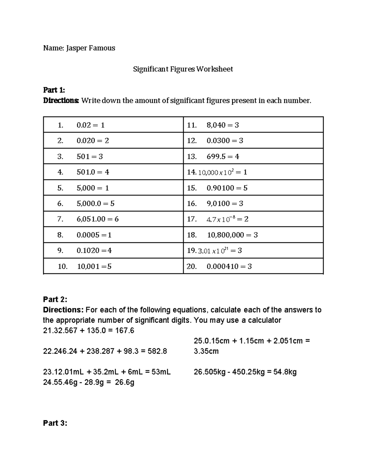 Jasper Famous - Significant Figures Worksheet - Name: Jasper Famous ...