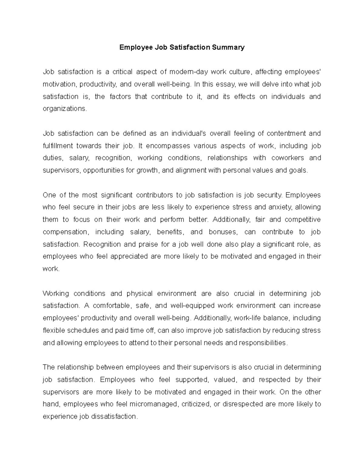 Employee Job Satisfaction Summary Employee Recruitment and Selection ...