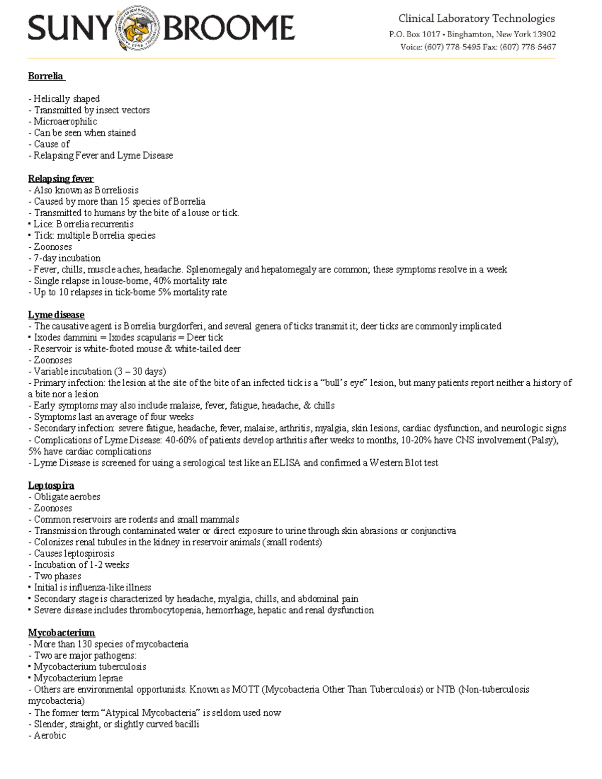 CLT 208 Exam 4 Study Guide updated 2023 2 - Borrelia Helically shaped ...