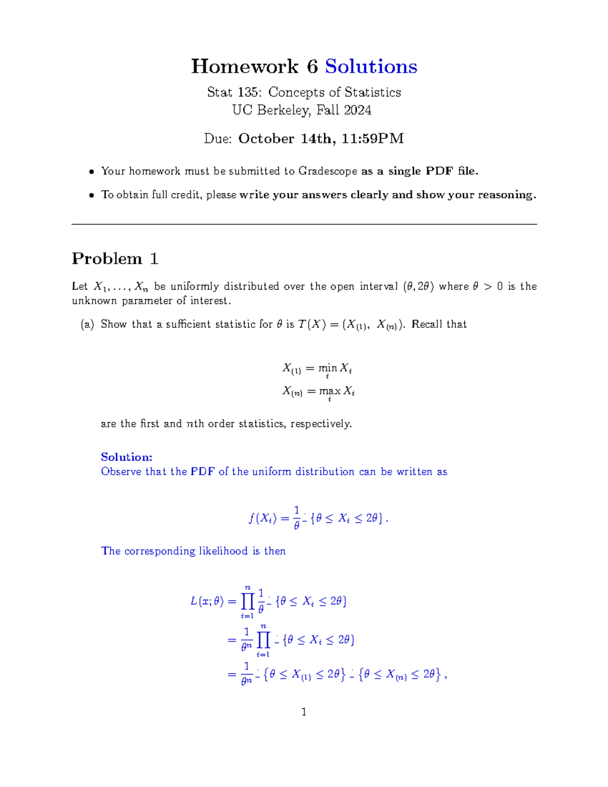 Stat135 hw6 sol - Homework 6 Solutions Stat 135: Concepts of Statistics UC Berkeley, Fall 2024 ...