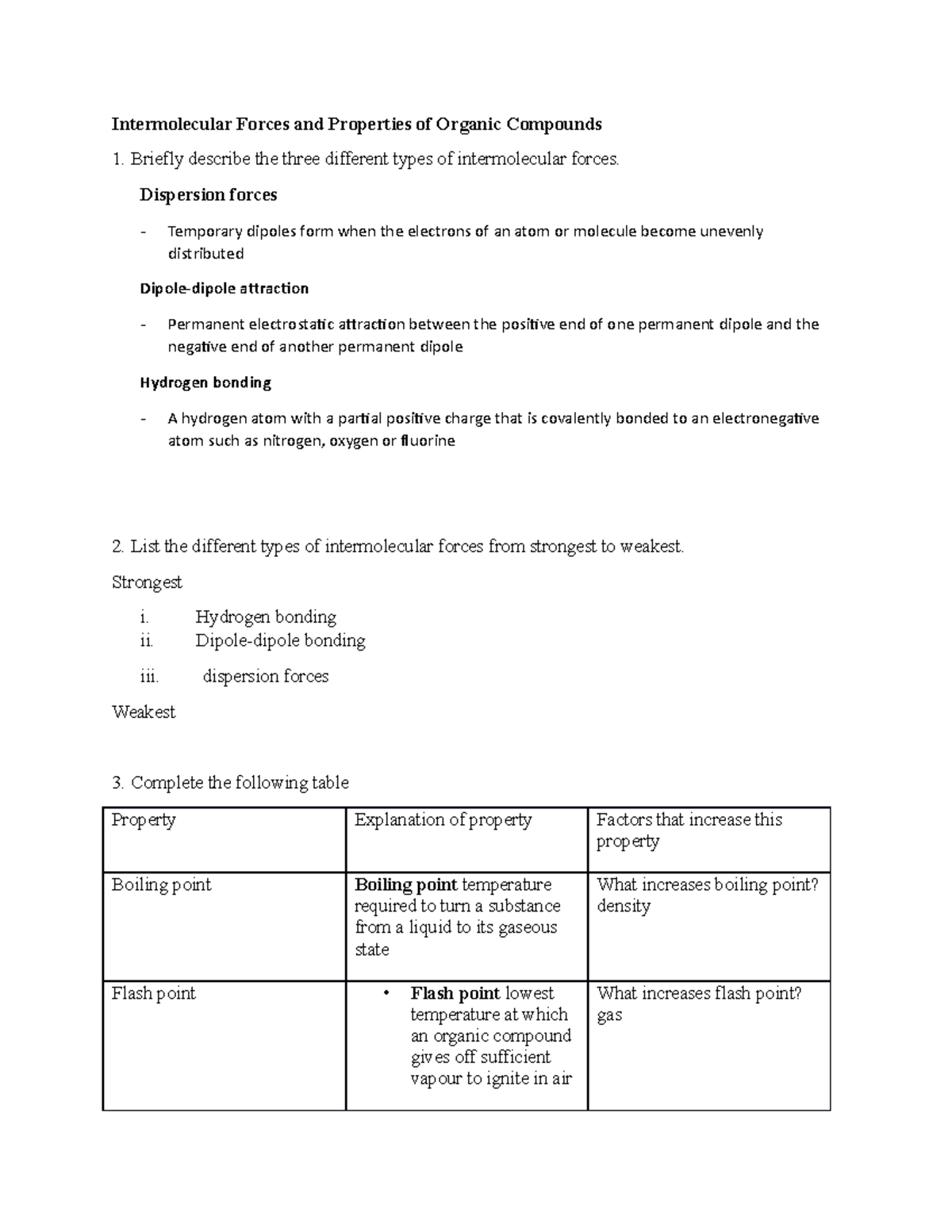 Intermolecular Forces and Properties of Organic Compounds Summary ...