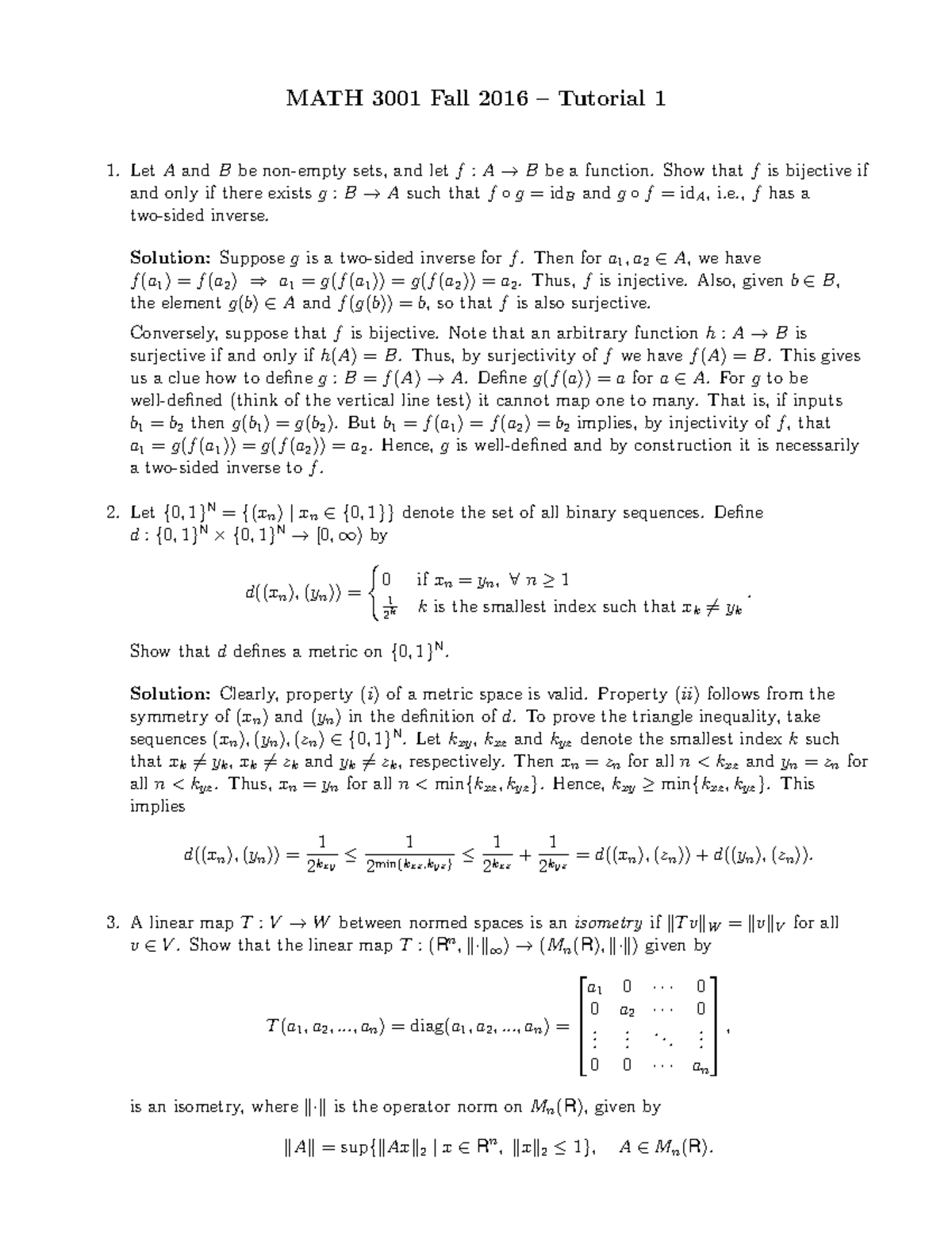Tutorial 1 - Solutions - MATH 3001 Fall 2016 – Tutorial 1 1. Let A and ...