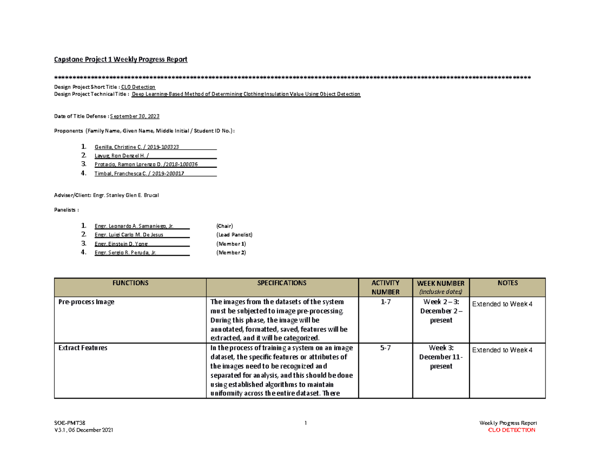 Week 9 CLO Detection Progress Report 1 - SOE-PMT 1 Weekly Progress Report Capstone Project 1 ...