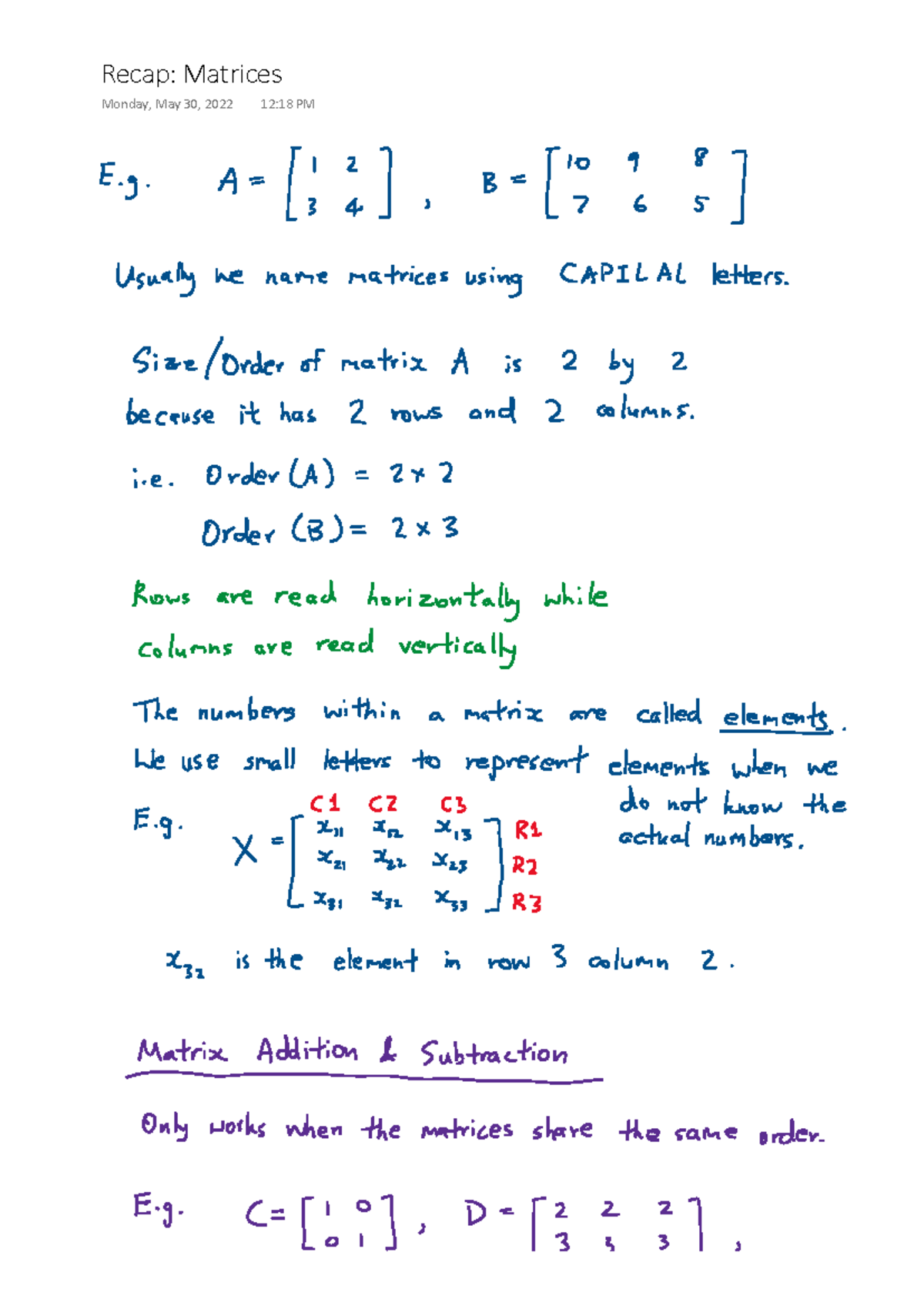 Matrices Recap Part I - Recap: Matrices Monday, May 30, 2022 12:18 PM E. I 10 9 8 B 3 4 , 7 6 5 ...