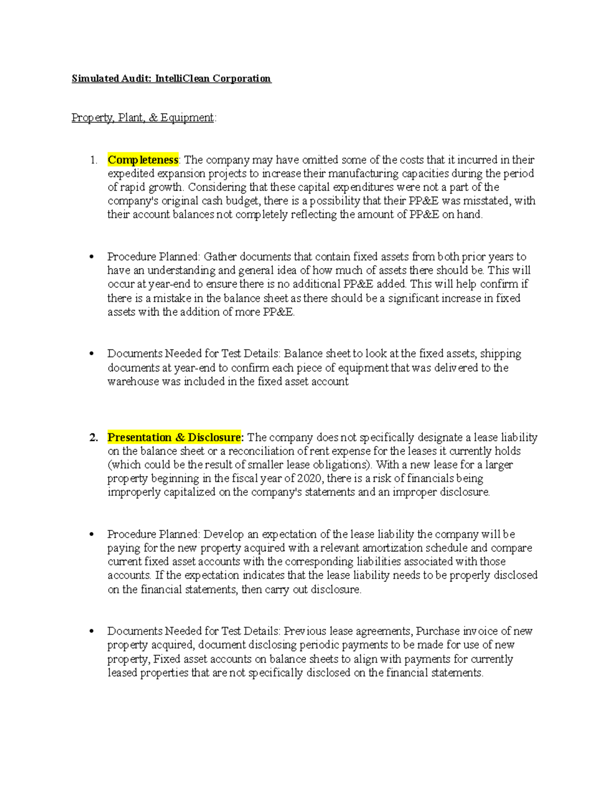 Simulated Audit Project 1 - Simulated Audit: IntelliClean Corporation ...