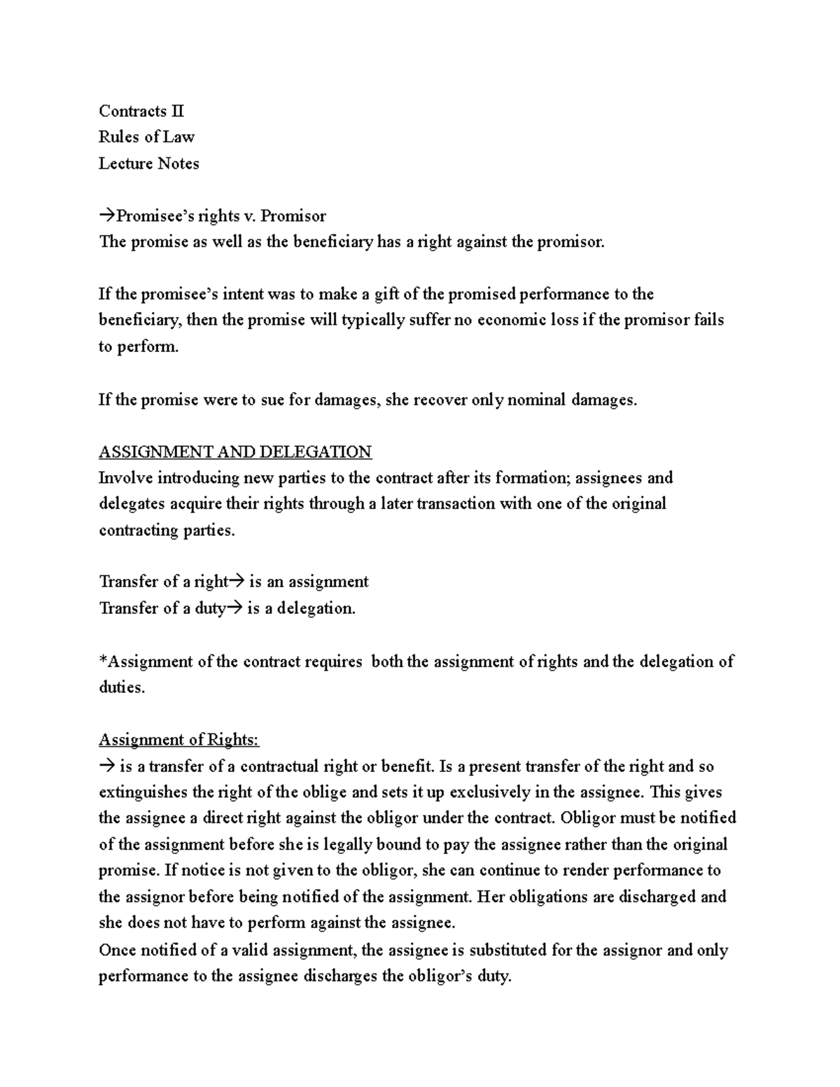 Promisee’s rights v. Promisor - Contracts II Rules of Law Lecture Notes ...