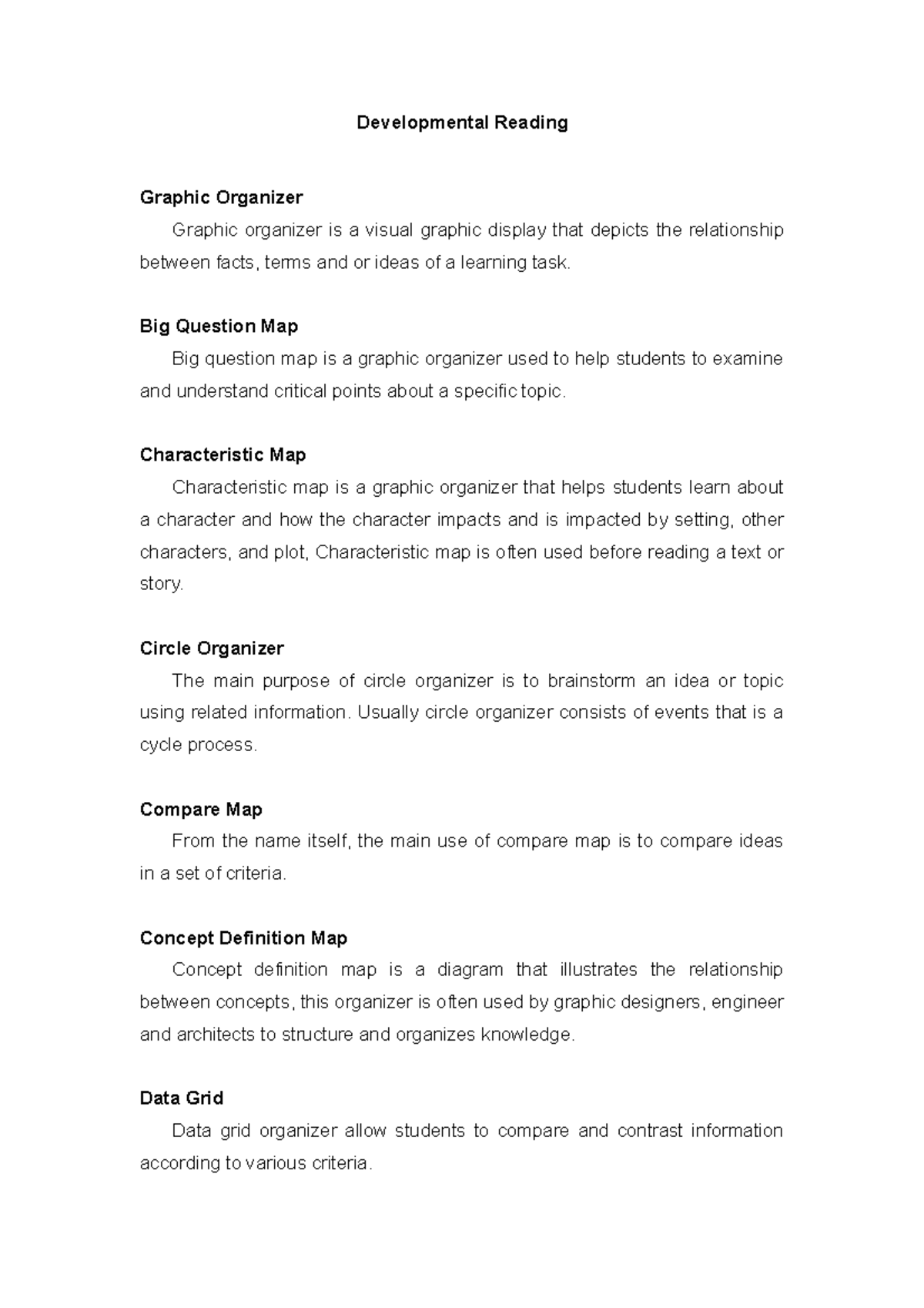 Report Explanation - Developmental Reading Graphic Organizer Graphic ...