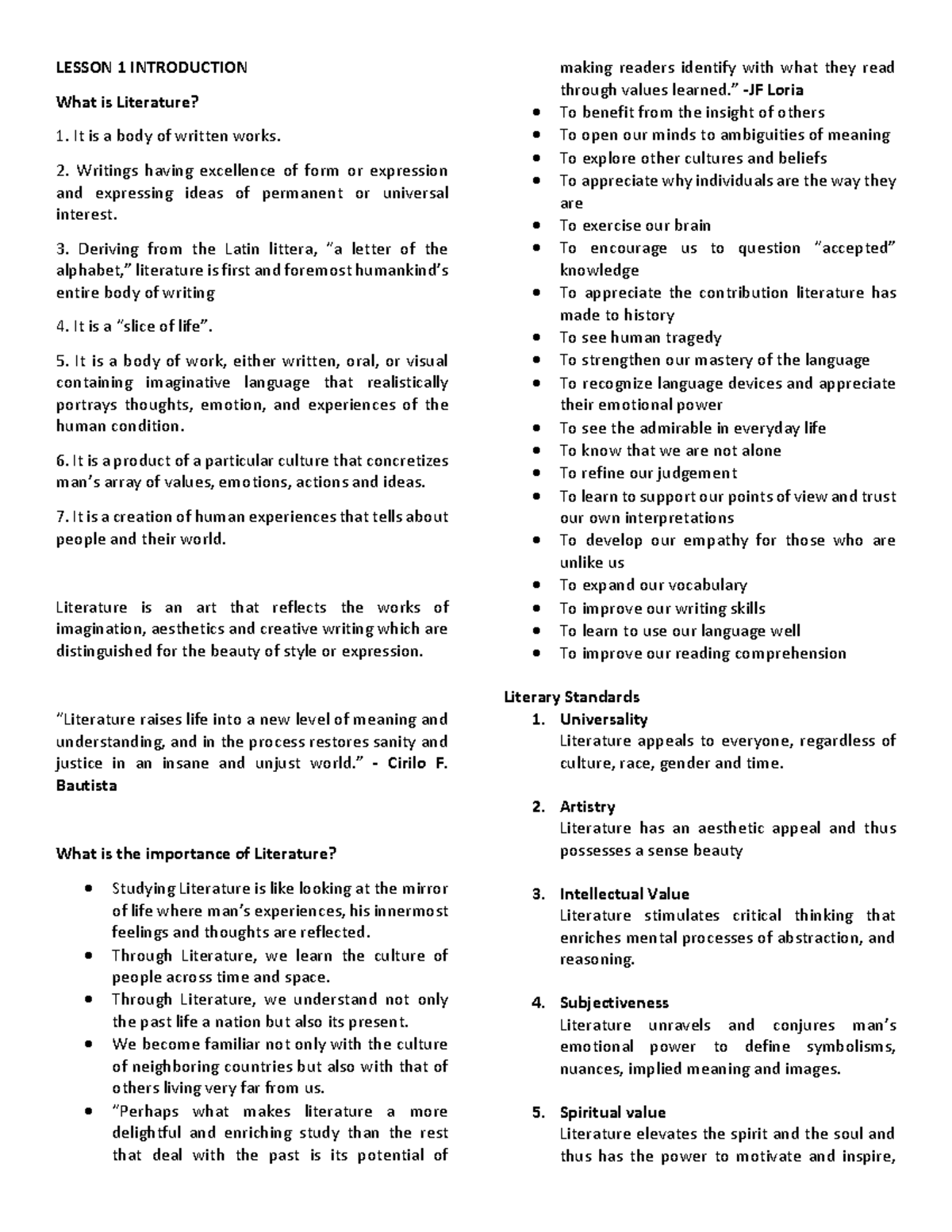 Lesson 1 Introduction - LESSON 1 INTRODUCTION What is Literature? It is ...