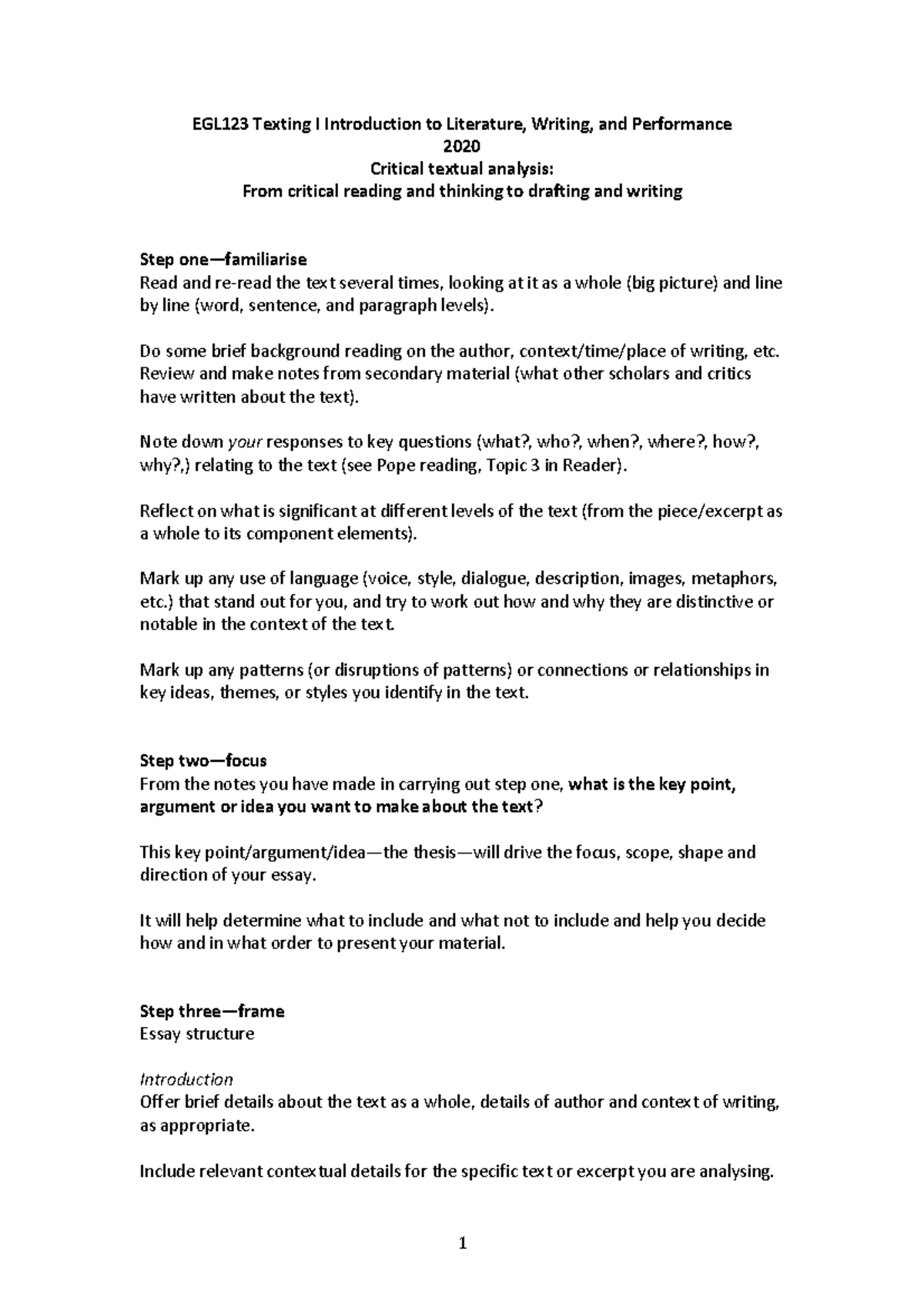 EGL123 critical textual analysis guidelines 2020 - 1 EGL123 Texting I ...