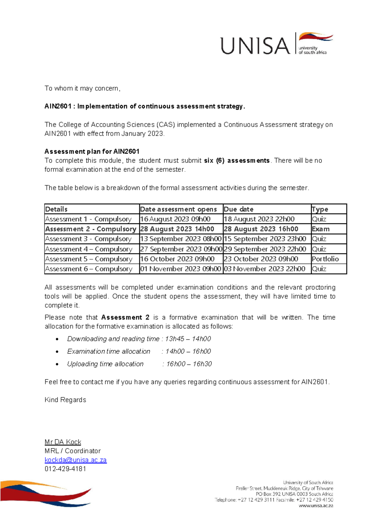 Assessment Letter to students S2 - To whom it may concern, AIN2601 ...