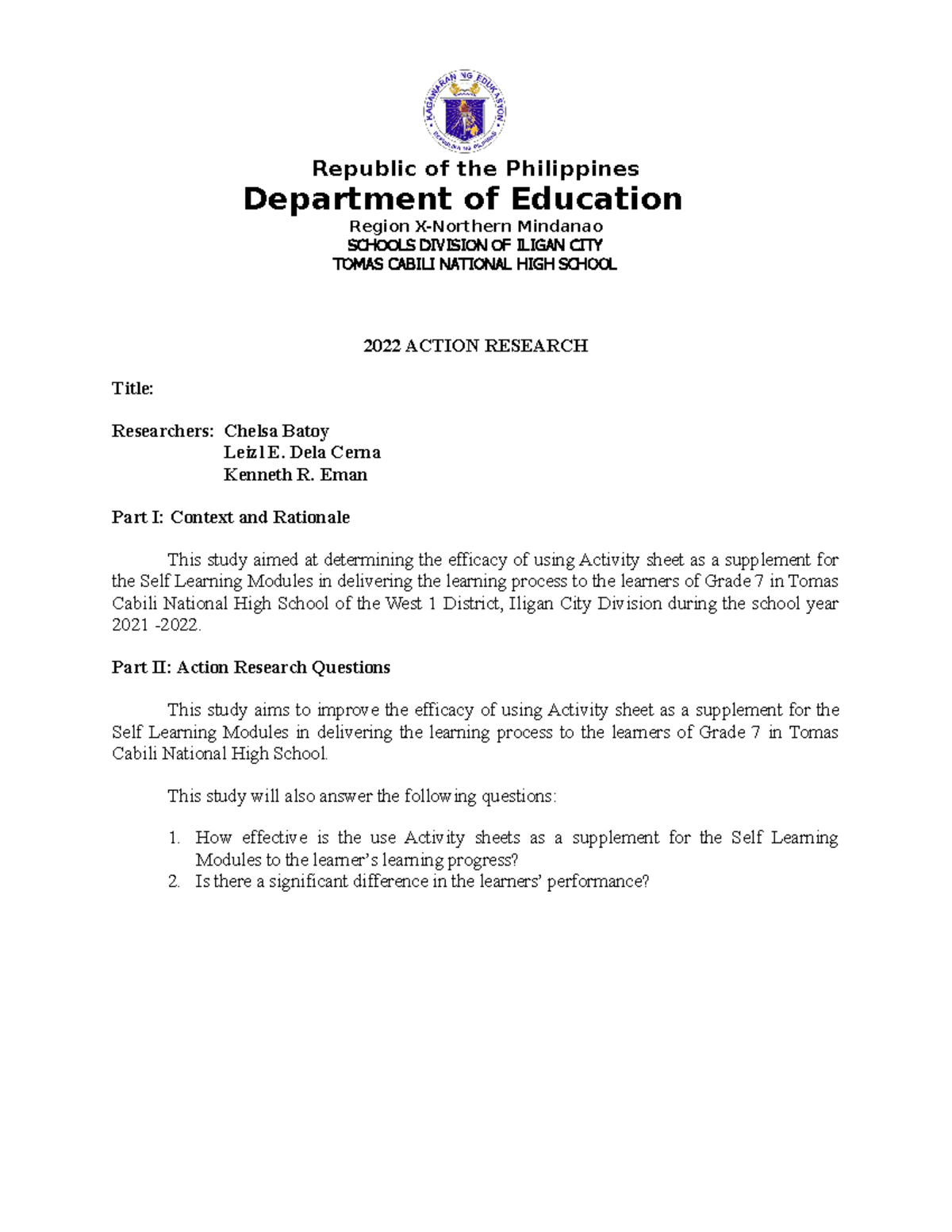 Research Proposal 2022 - Republic of the Philippines Department of ...