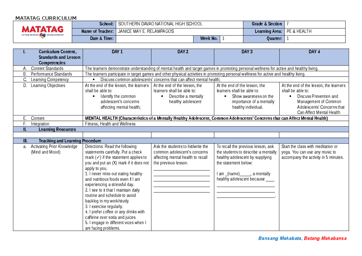 Q1 LE PE Health Grade 7 (Week 1) - School: SOUTHERN DAVAO NATIONAL HIGH ...