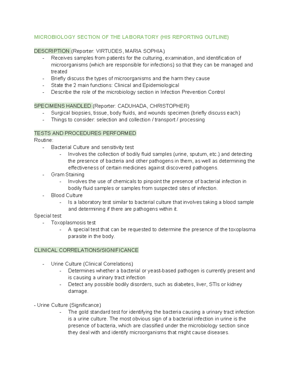 Outline-HIS- Reporting - MICROBIOLOGY SECTION OF THE LABORATORY (HIS ...