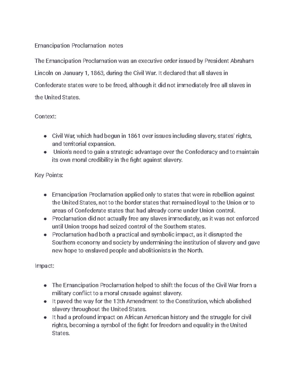 Emancipation proclamation notes - It declared that all slaves in ...