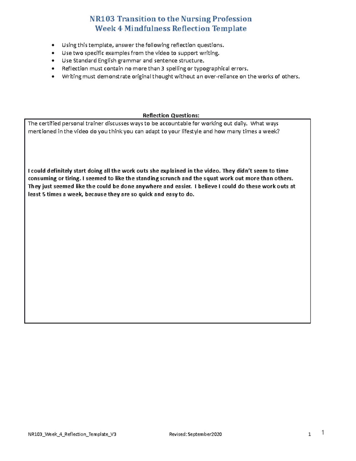 NR103 Week4 Reflection Template V3 - NR103 Transition to the Nursing ...