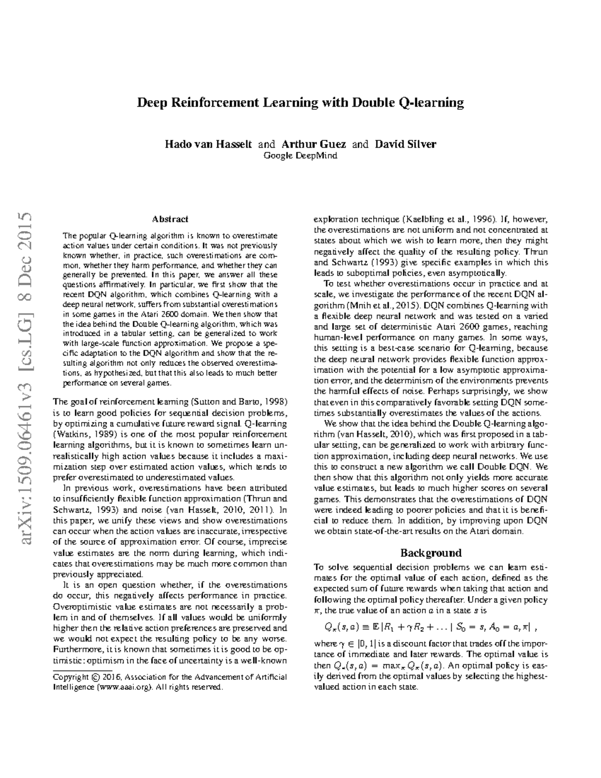DDQN - reinforcement learning - Deep Reinforcement Learning with Double Q-learning Hado van ...