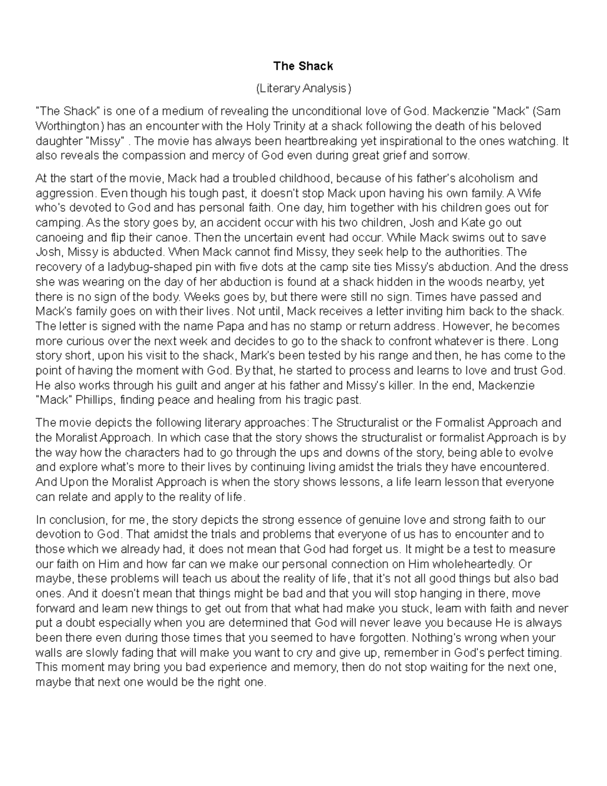 Doc 5 - Lesson notes - The Shack (Literary Analysis) “The Shack” is one ...