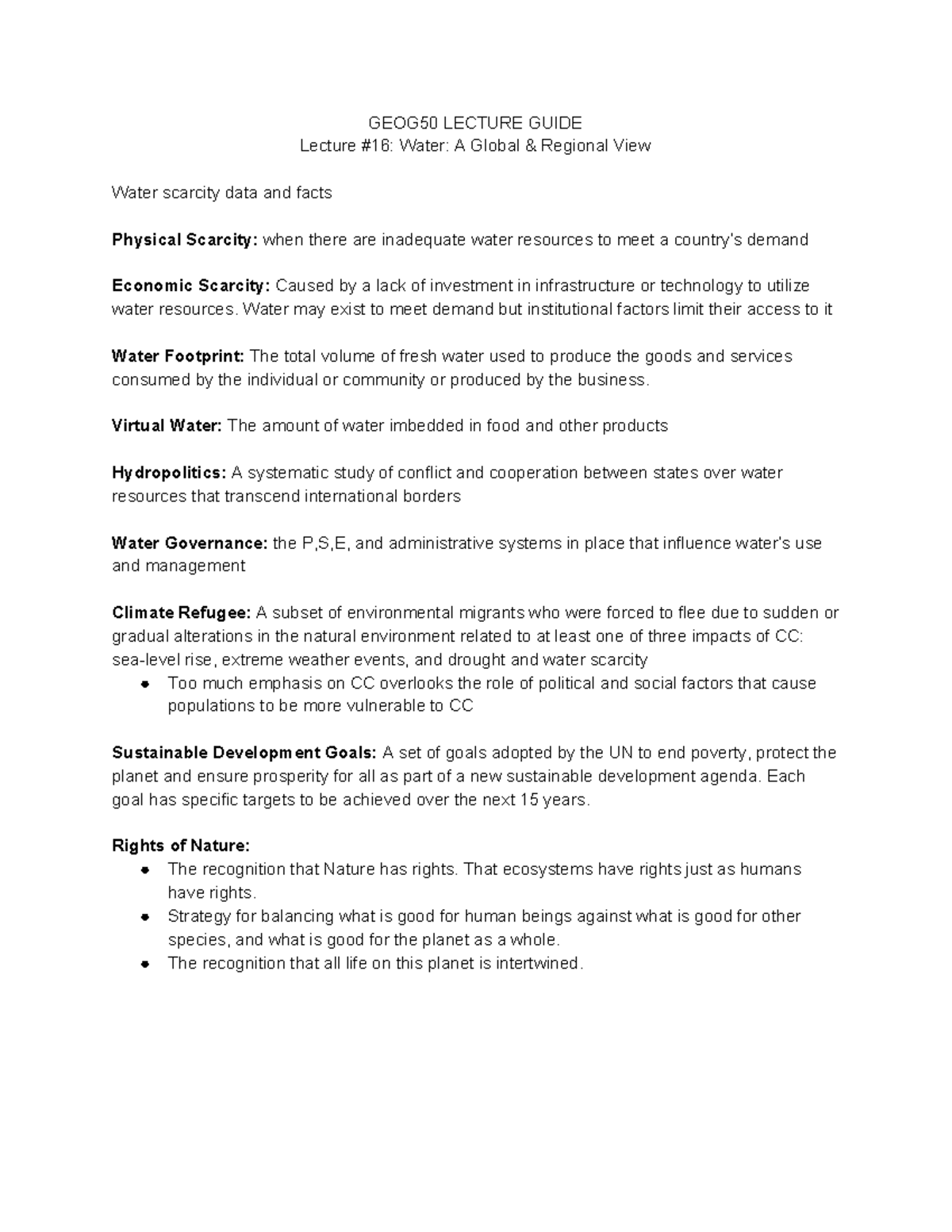 Water- A Global and Regional View - GEOG50 LECTURE GUIDE Lecture #16 ...