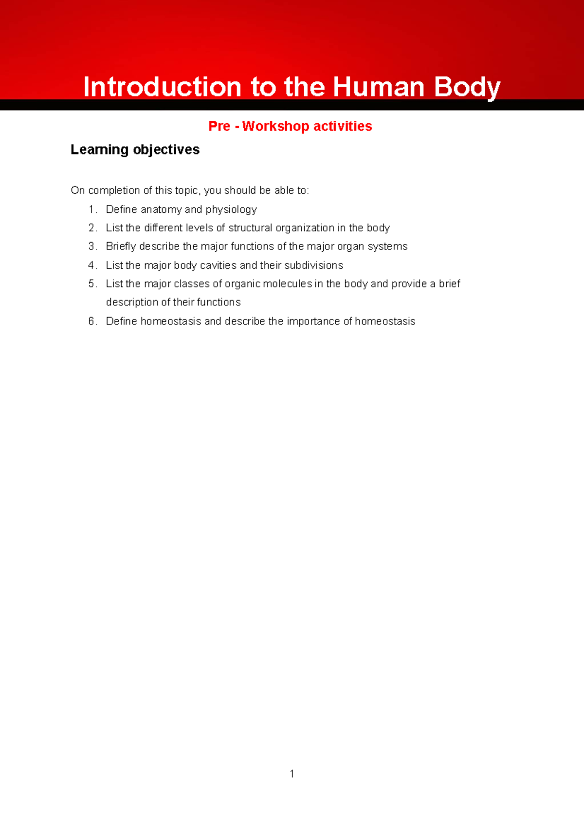 Introduction to the human body - Introduction to the Human Body Pre ...