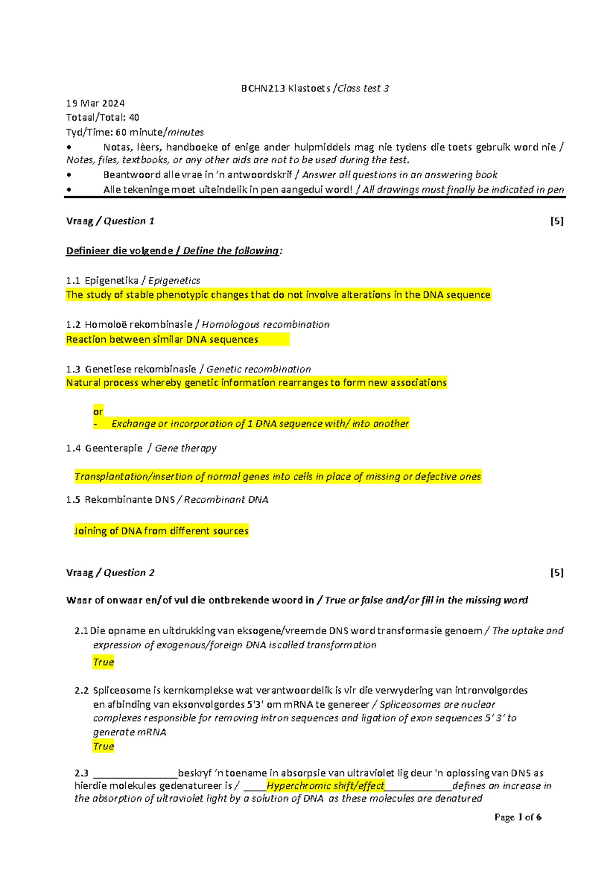 Klastoets 3 - Class test 3 memo - BCHN213 Klastoets /Class test 3 19 ...