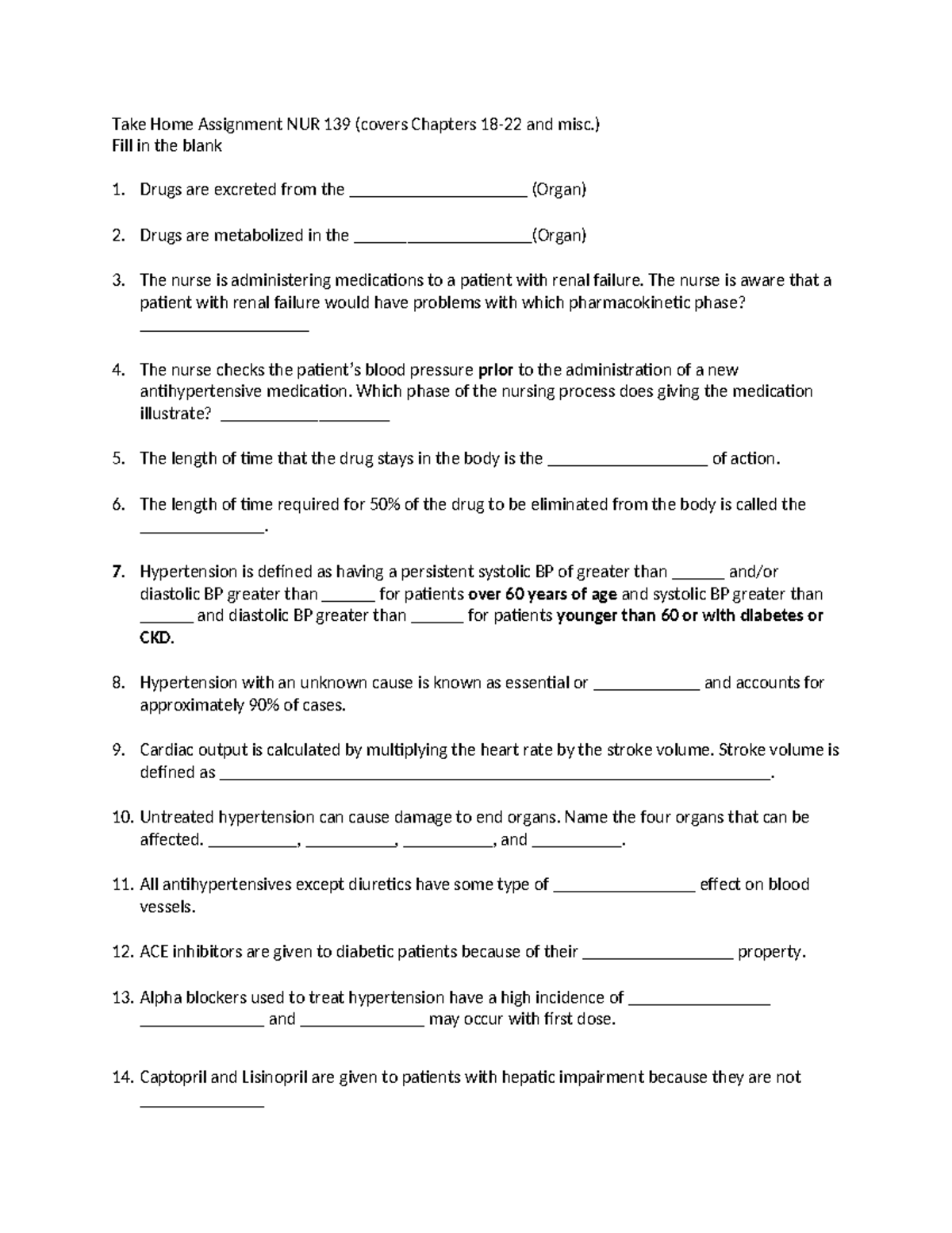 Take home assignment Chapters 18-22 NUR 139 - Take Home Assignment NUR ...