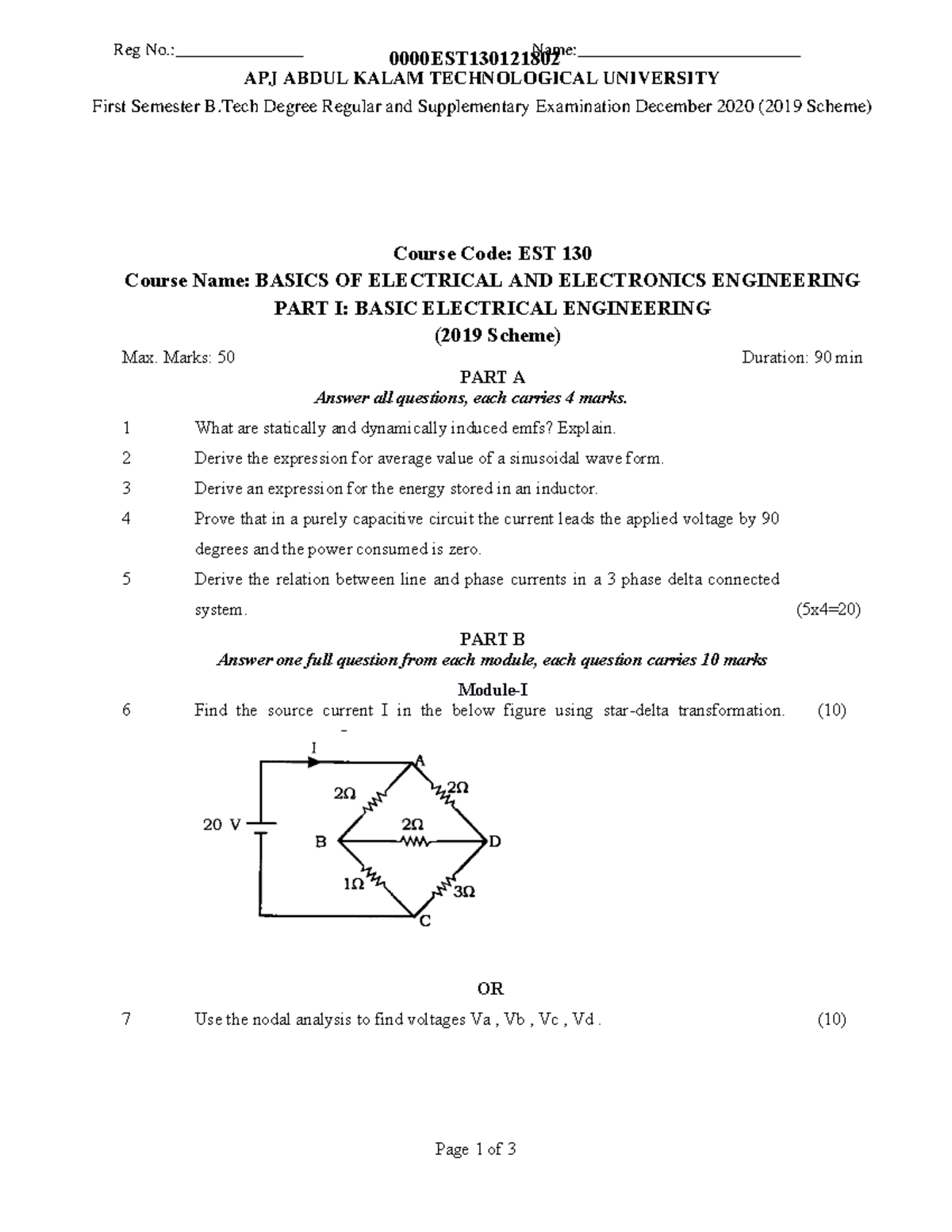 EST130 University Question Paper 0000EST Page 1 Of 3 Course Code EST